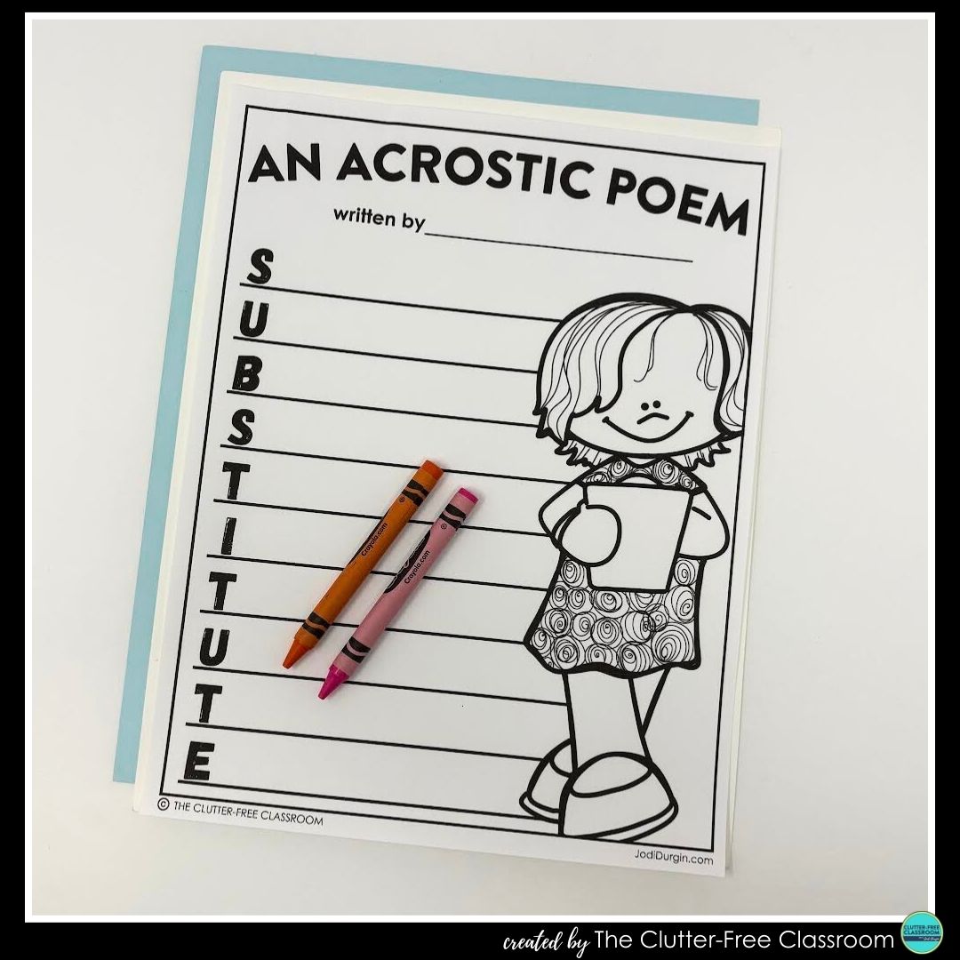 Substitute Teacher Printables for Teaching Acrostic Poems to Elementary ...